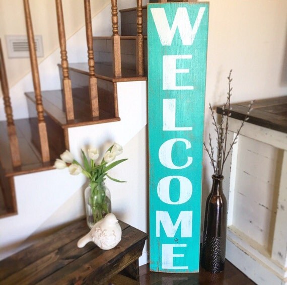 Turquoise WELCOME Sign Vertical Reclaimed by ShopSimplyInspired
