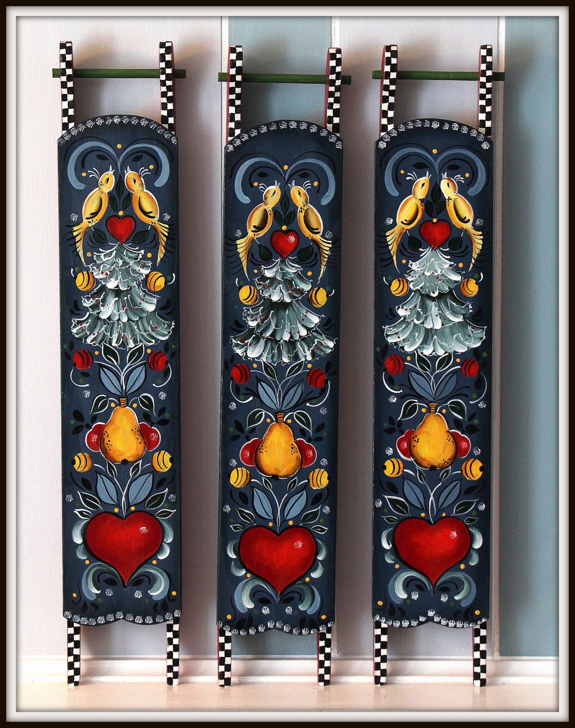 Hand painted wooden sled Norwegian Rosemaling