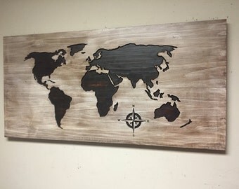 Wood world map wall art carved 3 Panel home decor by HowdyOwl