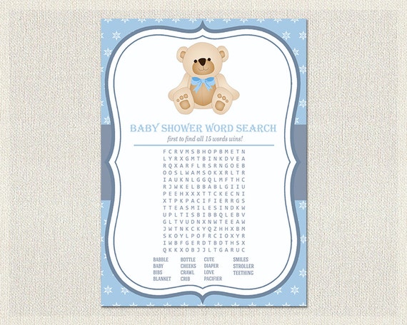 Word Search Teddy Bear Baby Shower Games Navy Blue Snowflake
