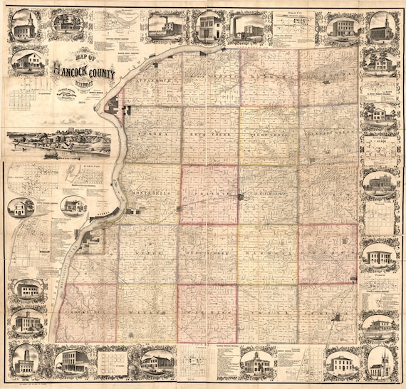 1859 Map of Hancock County Illinois Carthage