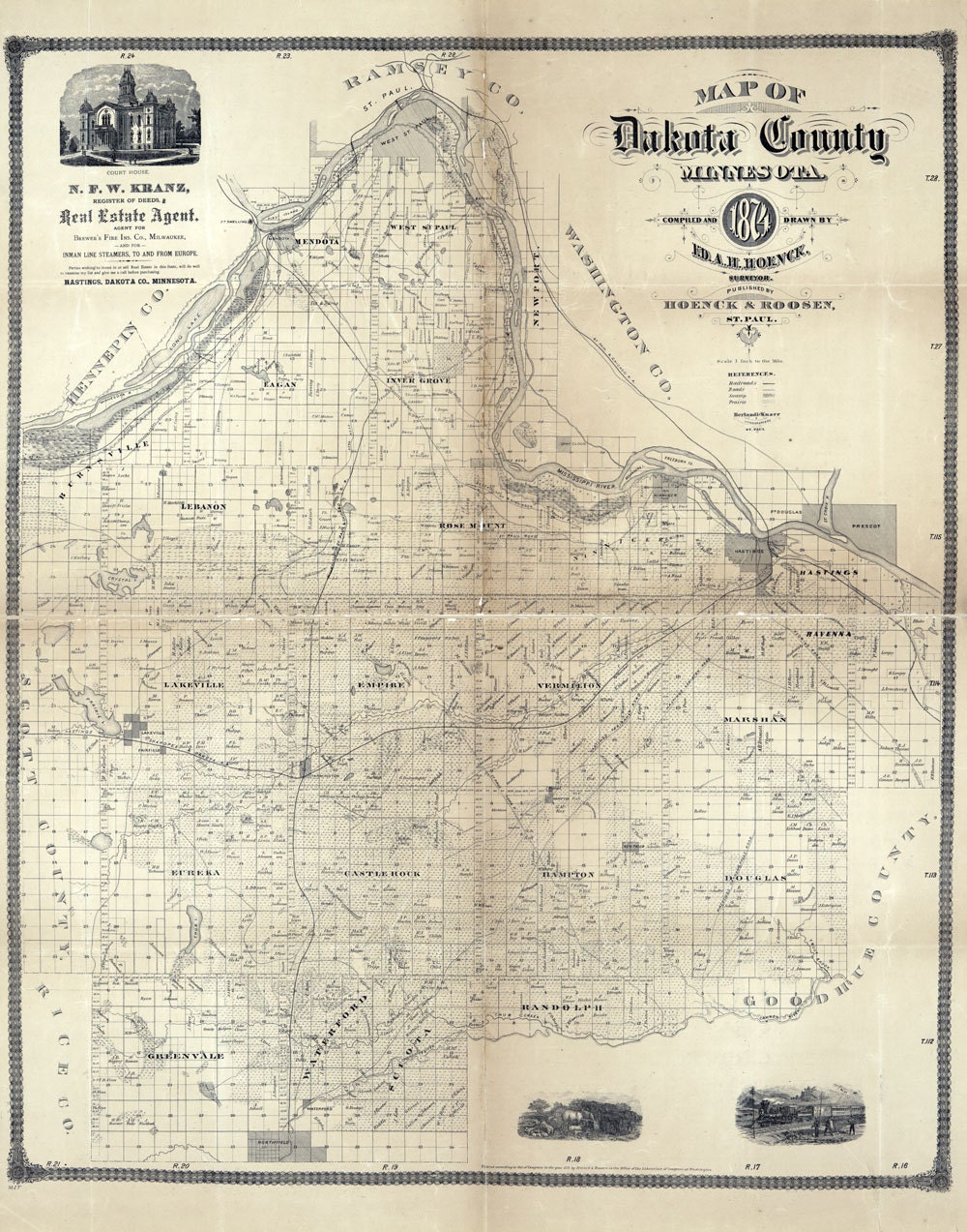 1874 Farm Line Map of Dakota County Minnesota Hastings St Paul