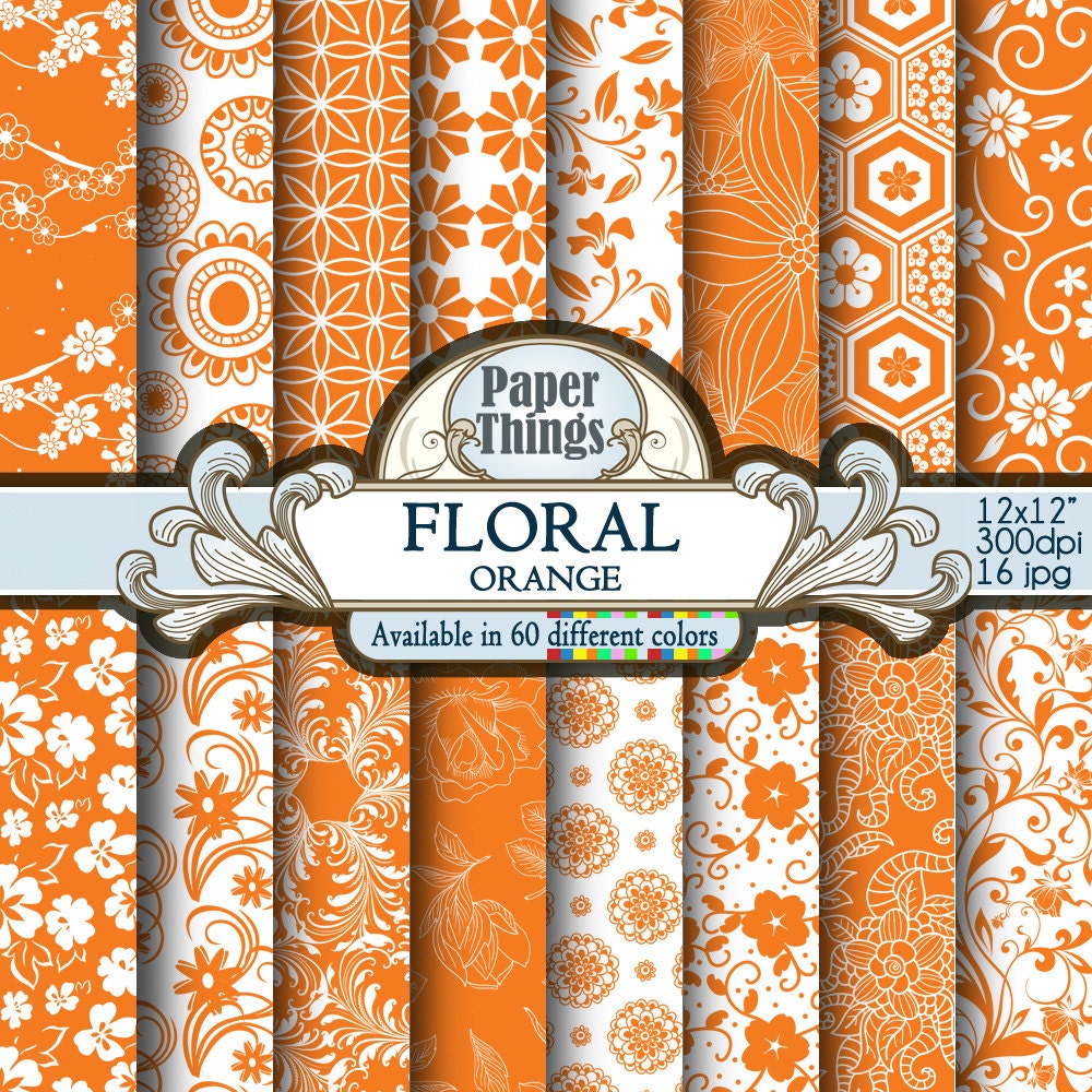 Orange Floral Digital Paper White and Orange Digital Paper