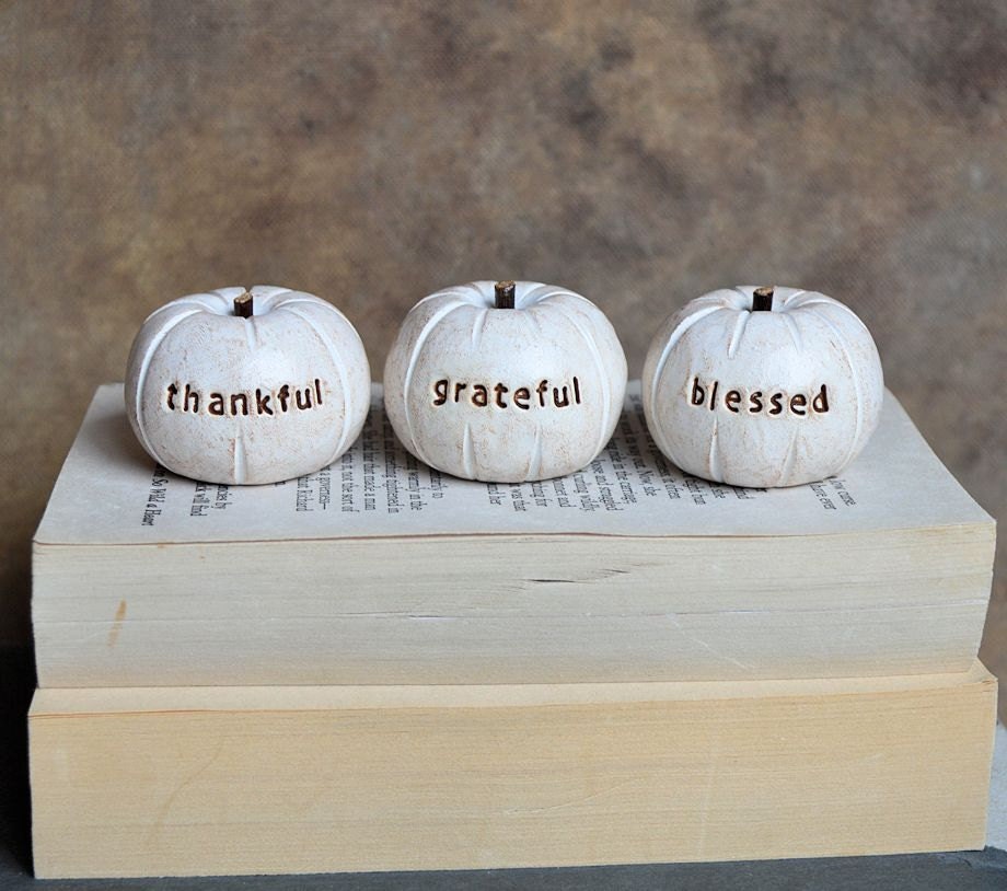 Thanksgiving decor pumpkins... thankful grateful blessed