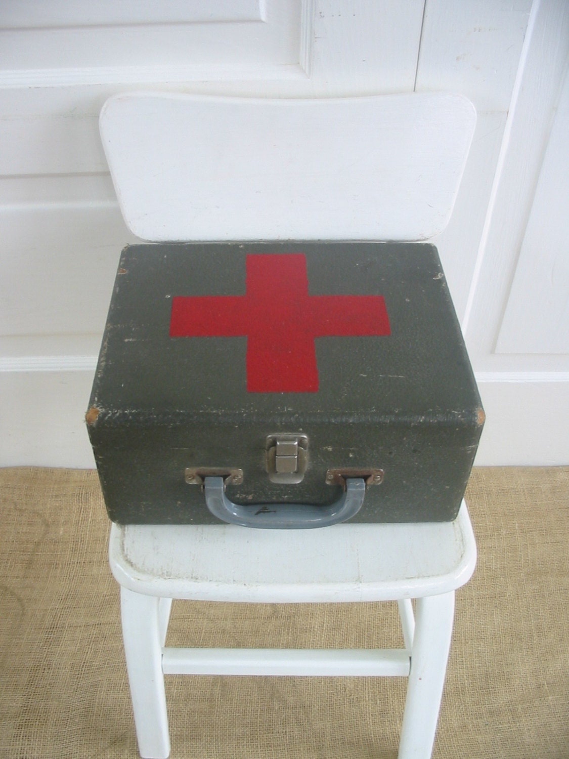 Vintage Wood First Aid Case Box Kit Gray Red Cross Industrial Storage ...