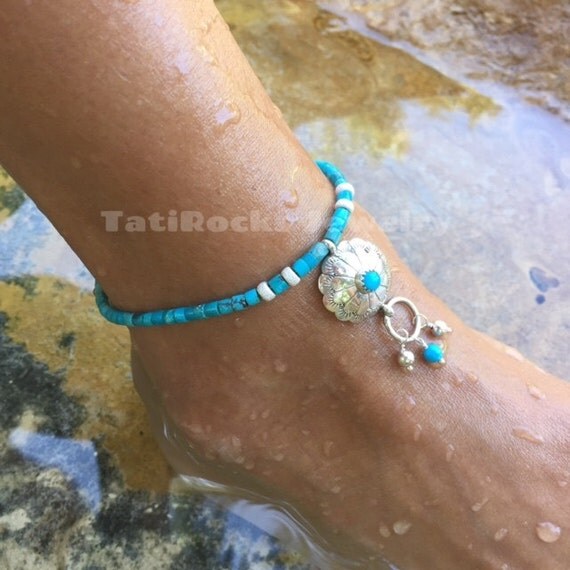 Outlaw Turquoise Anklet Silver Turquoise Anklet Boho by TatiRocks