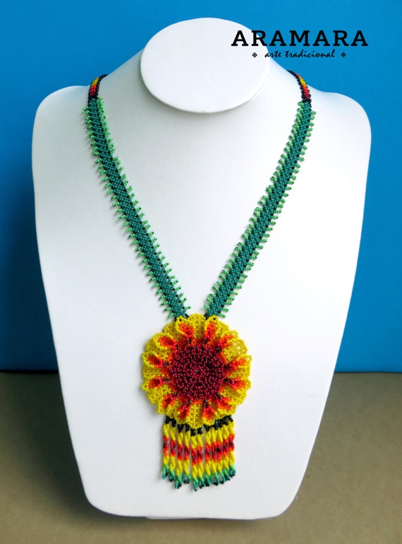Mexican Huichol Beaded Yellow Flower Necklace Cfg 0059