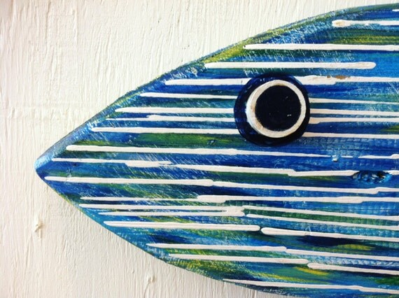 Blue Recycled Wood Fish Coastal Beach Wall Hanging Art Decor