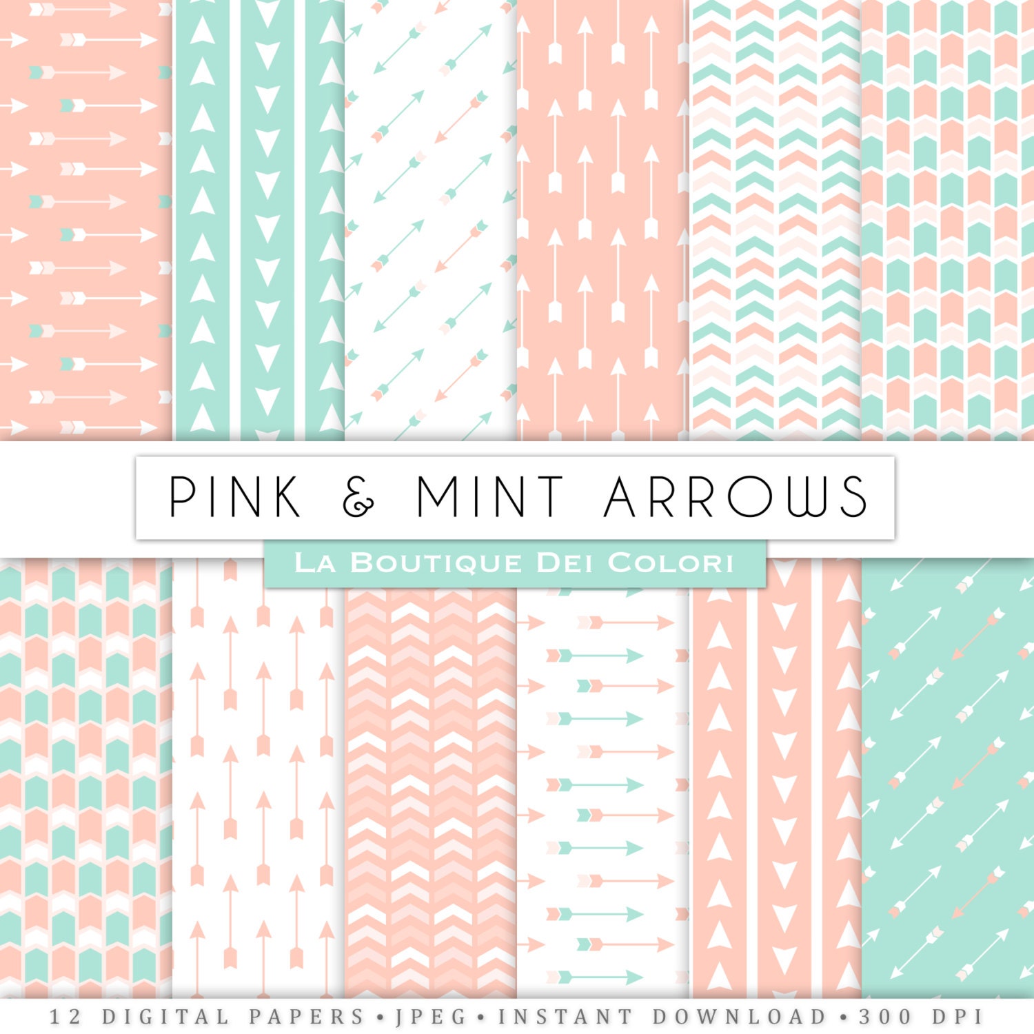 Pink and Mint Arrows digital paper Aztec Tribal patterns.