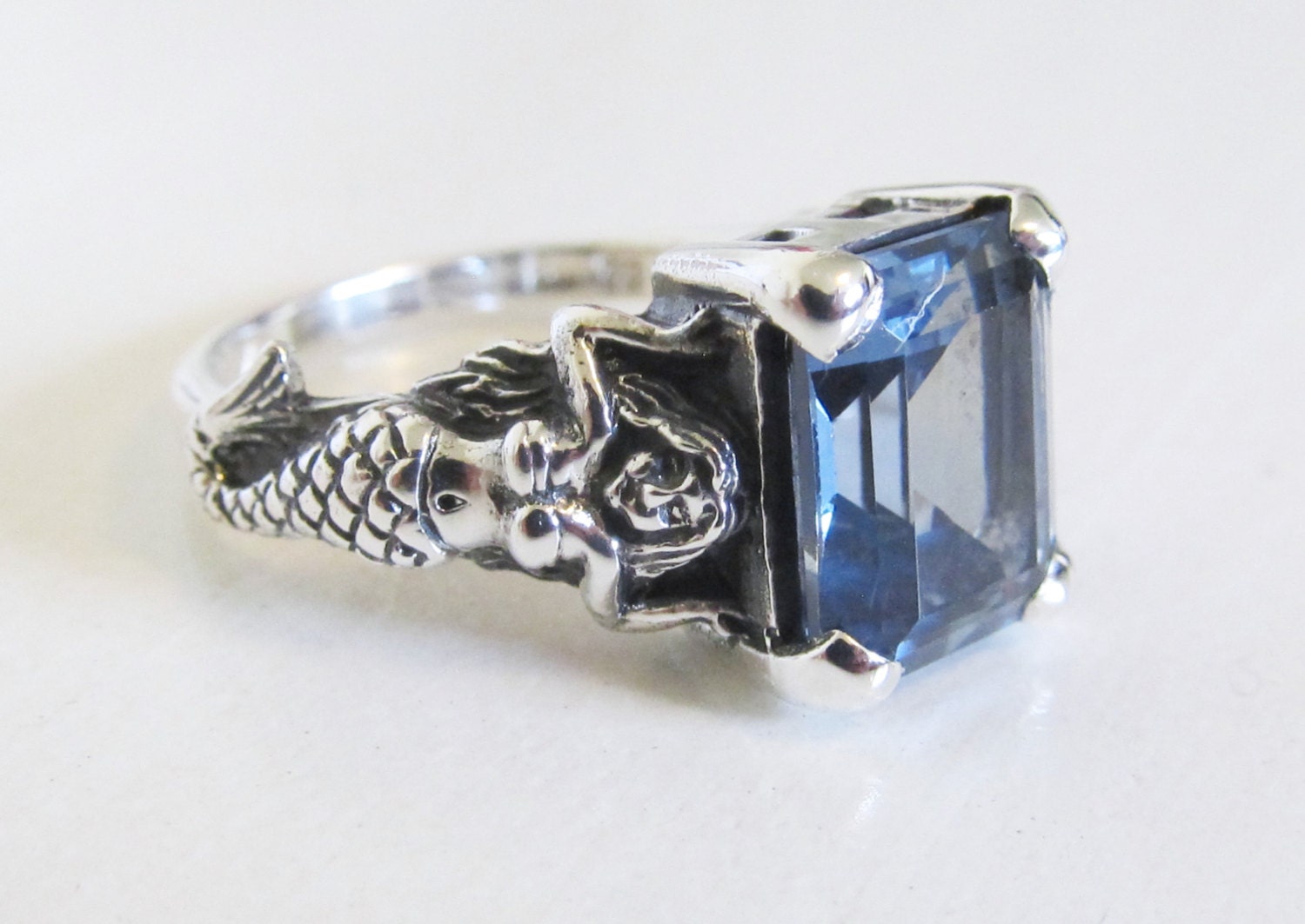 Aquamarine Mermaid Ring Sterling Silver/ Antique Vintage