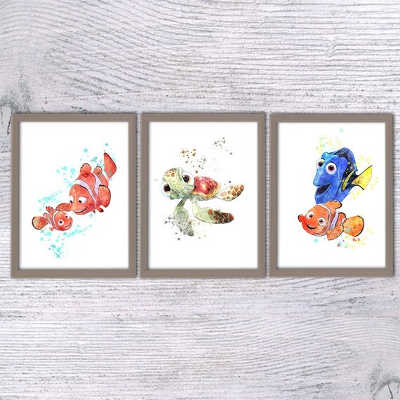 Nemo Watercolor print Finding nemo Disney animation Set of