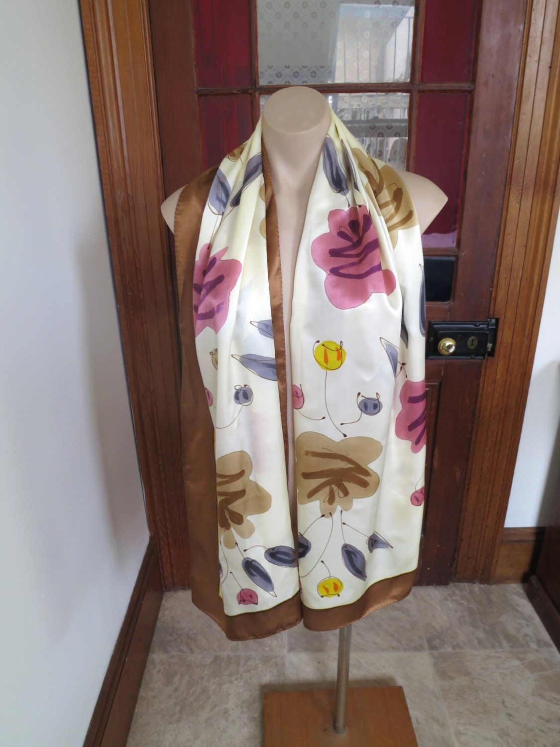 Pier Carlo d’Alessio silk shawl or scarf, handpainted, vases of flowers ...