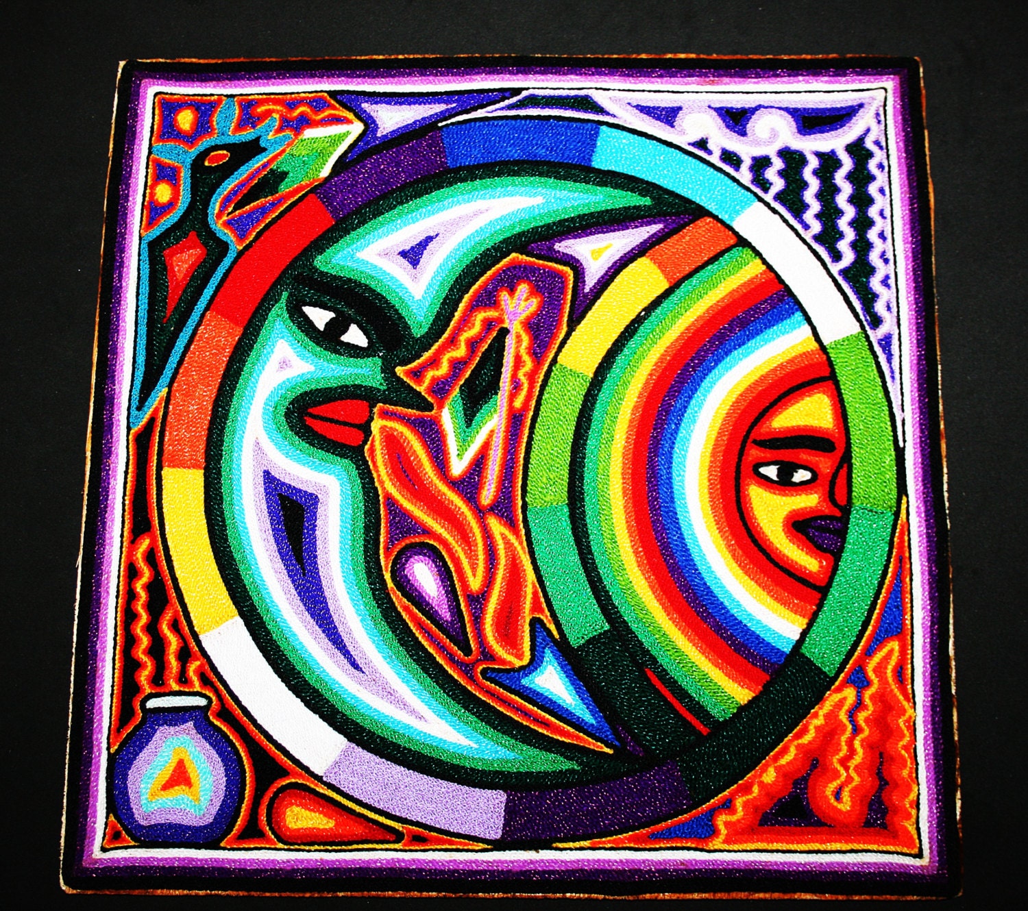 Large Huichol Yarn and Wax Painting Native American