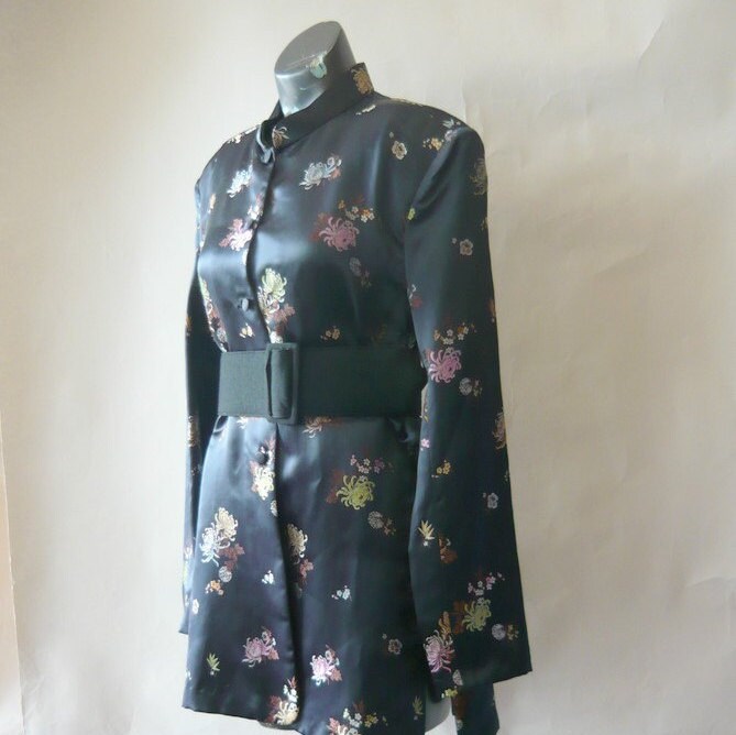 Vintage Asian Brocade TUNIC Jacket / size 6 8 10 / CHARCOAL