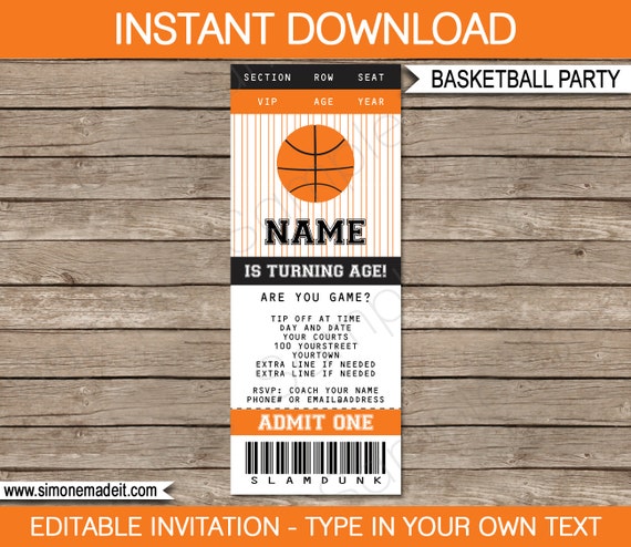 Basketball Ticket Invitation Template Birthday Party INSTANT 