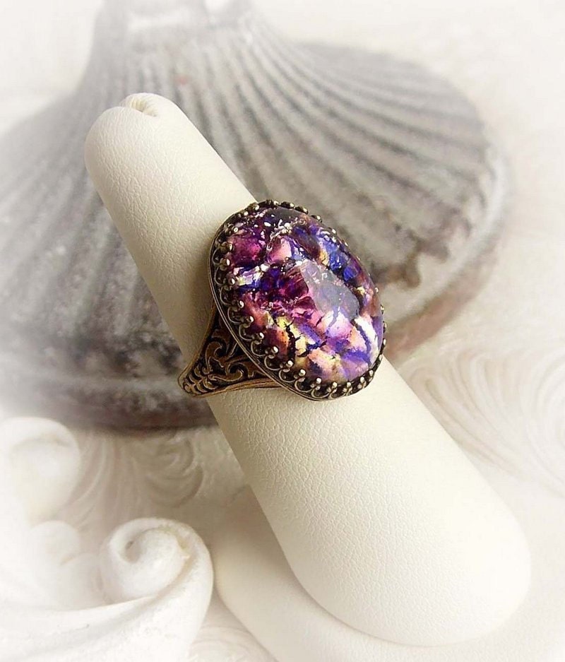 Amethyst opal antique gold ring purple glass opal ring