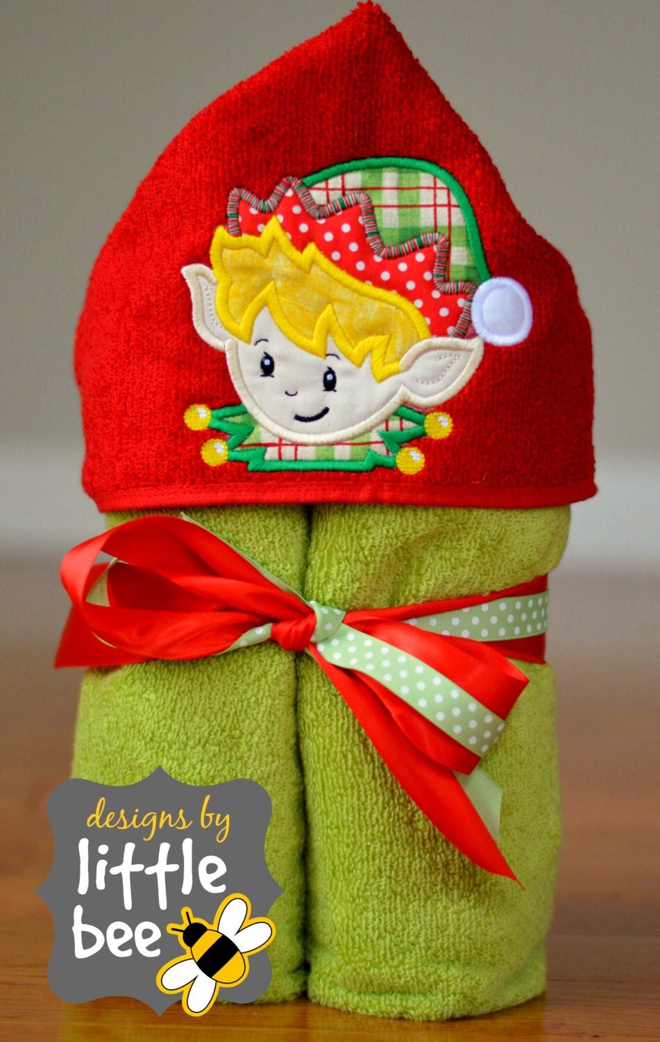 hooded towel applique design peeker elf boy. embroidery edge