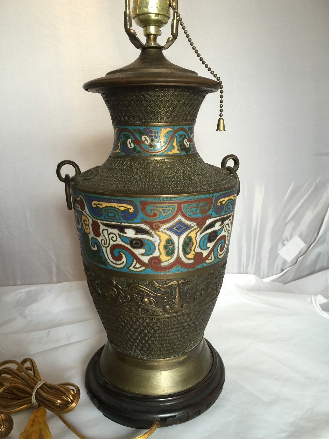 Antique Asian Bronze Vase Lamp Champleve Enamel Cloisonne Wood