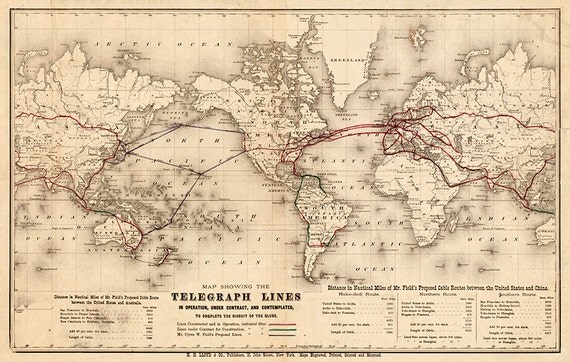 Map of the Telegraph lines in operation of the globe in 1872.