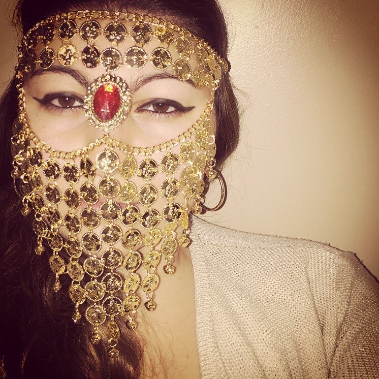 Yazmina Gold Coin Ruby Face Chain Headpiece Veil by LaceLuxxe