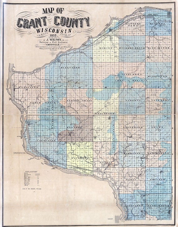 1890 Farm Line Map of Grant County Wisconsin Lancaster