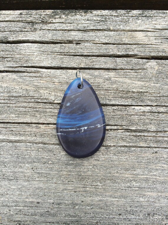 Blue iron ore slag glass necklace pendant