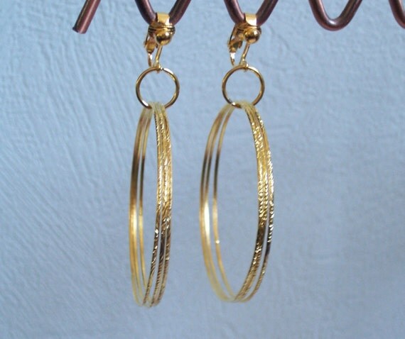 Gold Triple Hoop Bangle Earrings Pierced or Clip-on