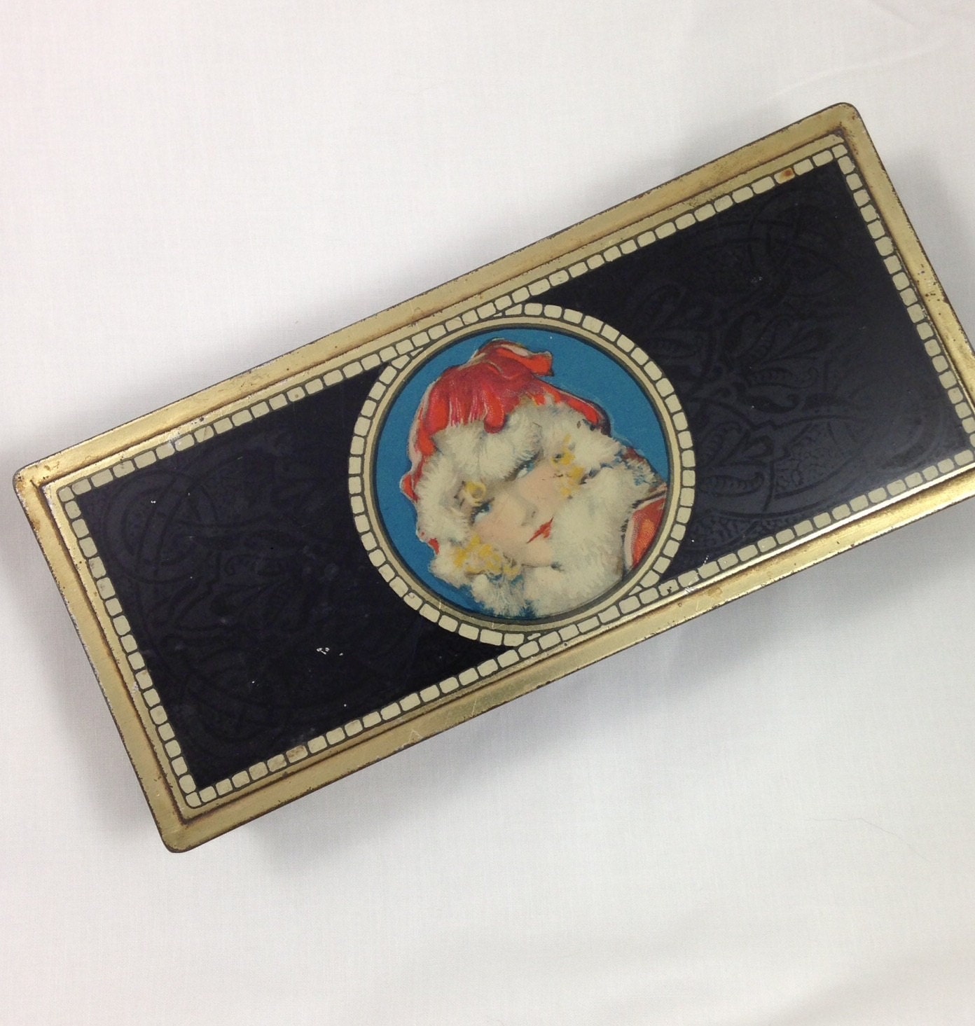 Henry Clive Rectangular Tin with Young Woman in Santa Hat, Christmas ...
