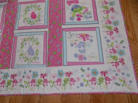 Spring Floral Lap Quilt Fanciful pink white blue fabric
