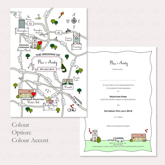 Custom Map Wedding Invitation or Info Card Colour Accent