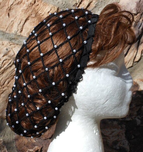 Renaissance or Victorian Beaded Black Snood Hairnet With Pearl Beads ...