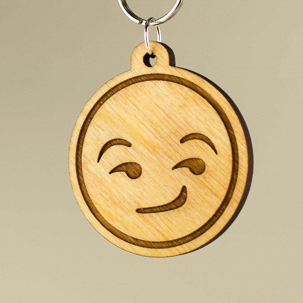 Smirking Emoji Wood Keychain Half Smiling Face by LadyMaggies