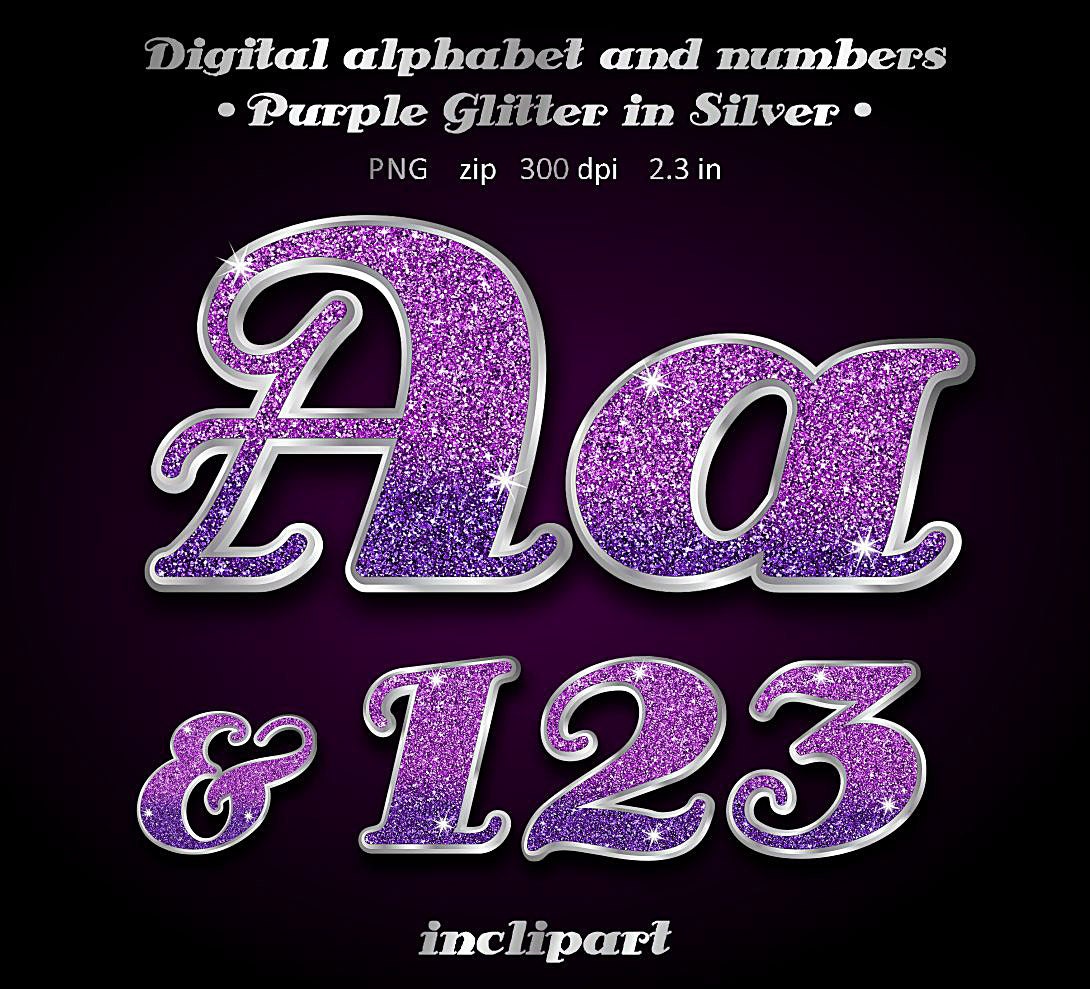 Purple glitter alphabet clipart. Letters numbers digital