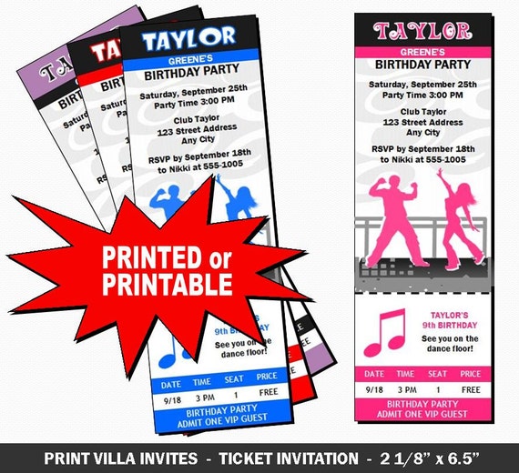 Dance Party Ticket Invitations Printable with by PrintVillaInvites