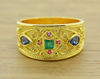 14K Solid Gold Byzantine Etruscan Ring With Natural Sapphire