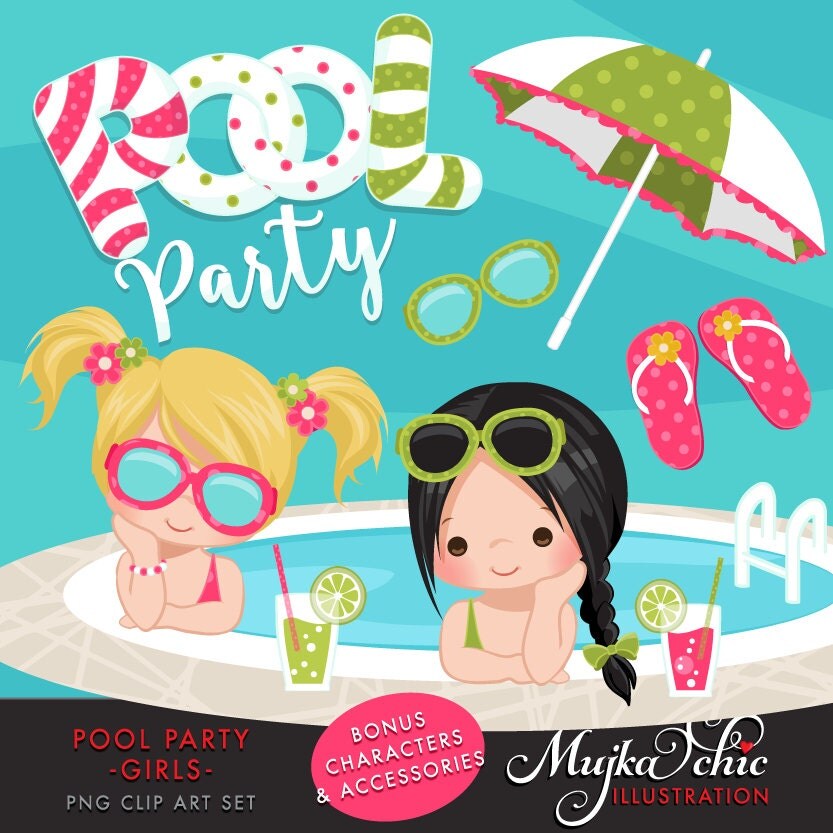 Pool Party Clipart for Girls. Little girls with pool party