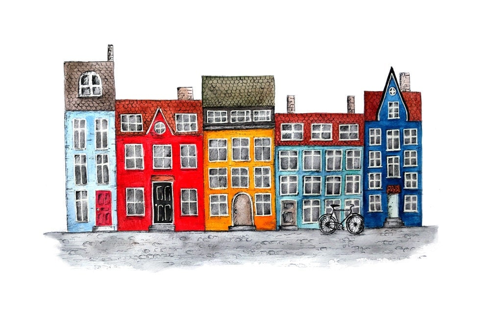 Danish row houses Nyhavn Copenhagen: watercolor and pen and