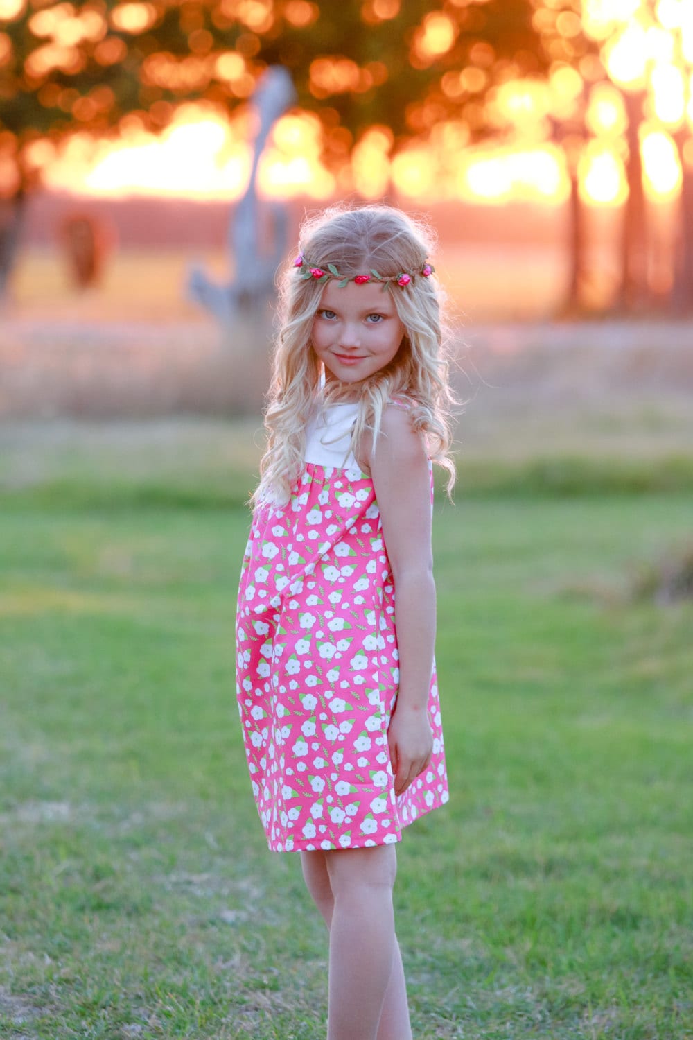 Girls Pink flower print Sundress Pink Summer Dress Girls