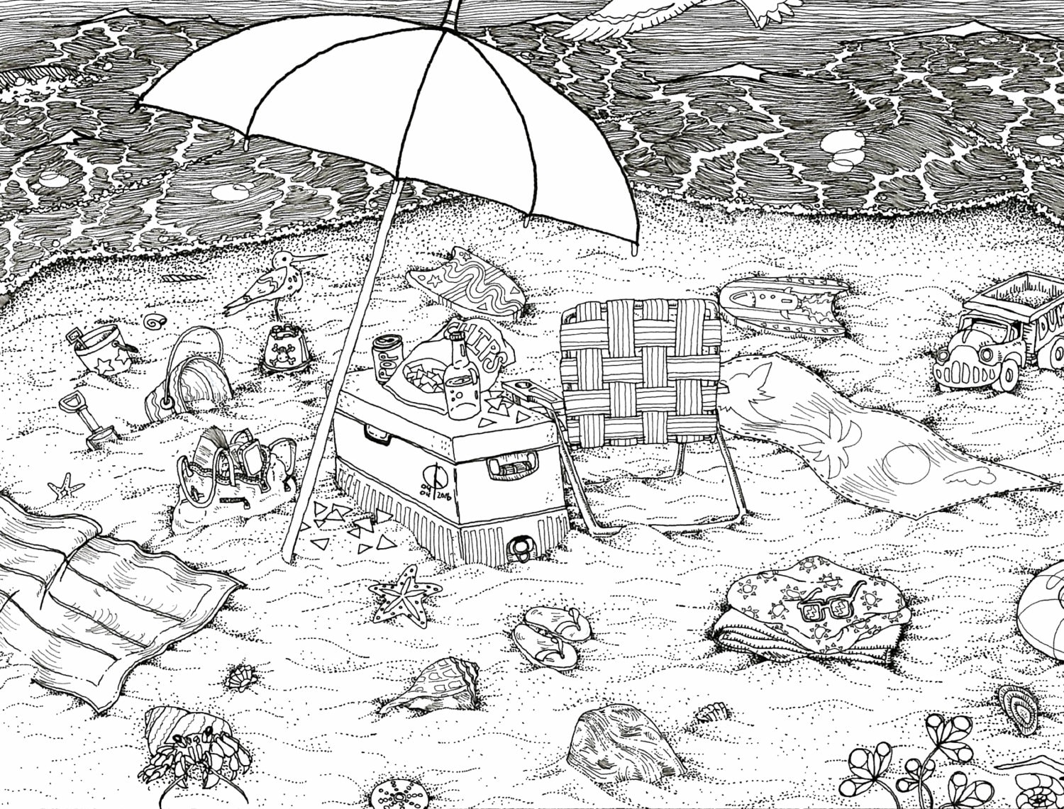 Day at the Beach pen and ink illustration PRINT black by WyldTrees