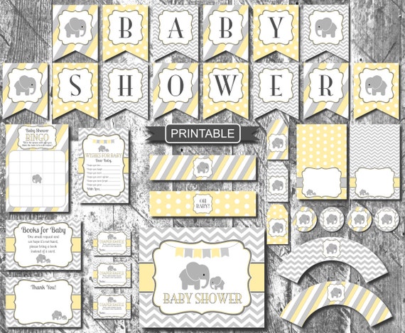 Yellow and Grey Baby Elephant Baby Shower Decorations Package