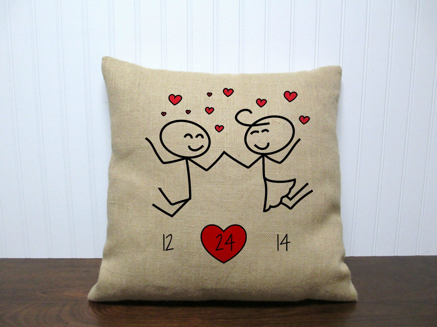 Personalized Burlap Pillow Cover. Stick People Pillow.