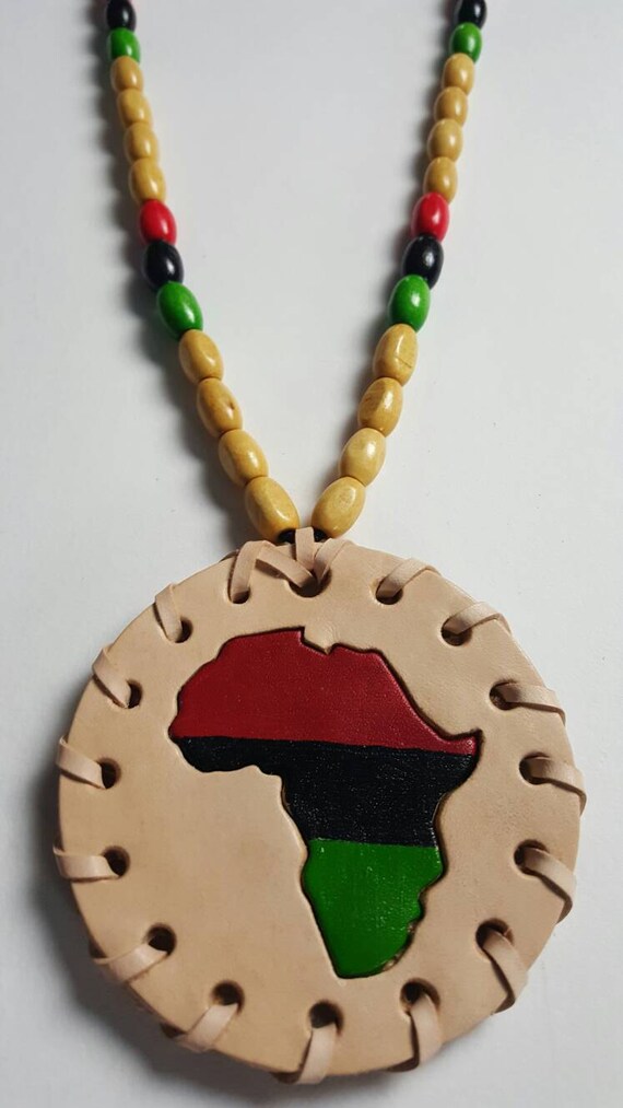 Natural Leather Pan African Medallion Necklace w/ Beads