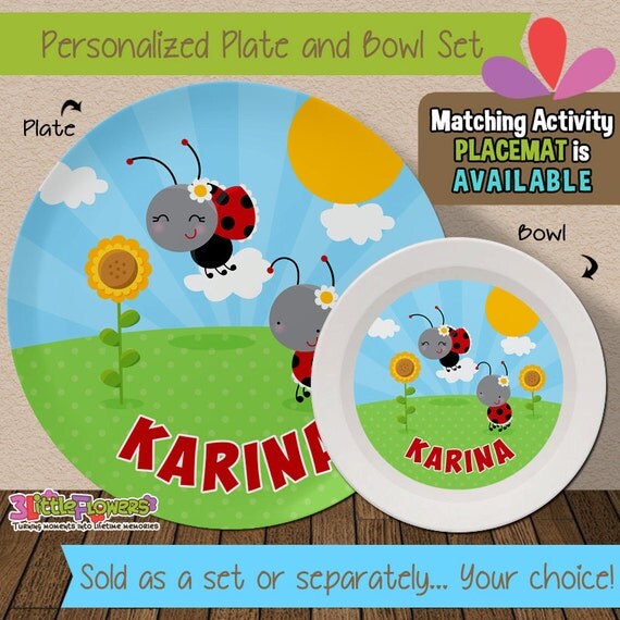 Personalized Ladybug Plate and Bowl Set by 3littleflowers on Etsy