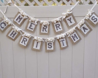 Christmas Banner Rustic Natural Burlap Merry by Hartranftdesign