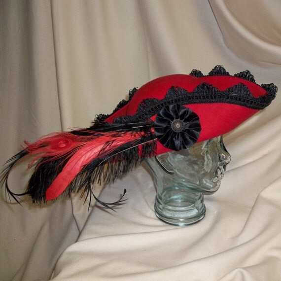 Red Pirate Hat Fancy Red Wool Tricorn with Black Trim