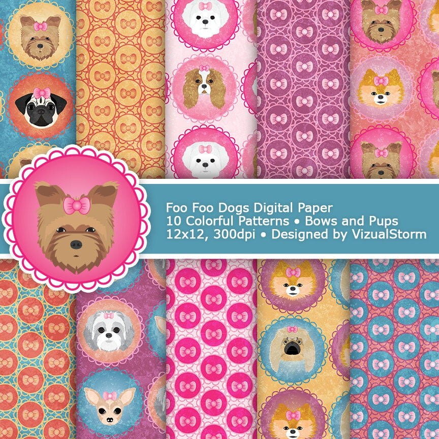 Cute Dog Digital Paper Printable Toy Dog Backgrounds Bow