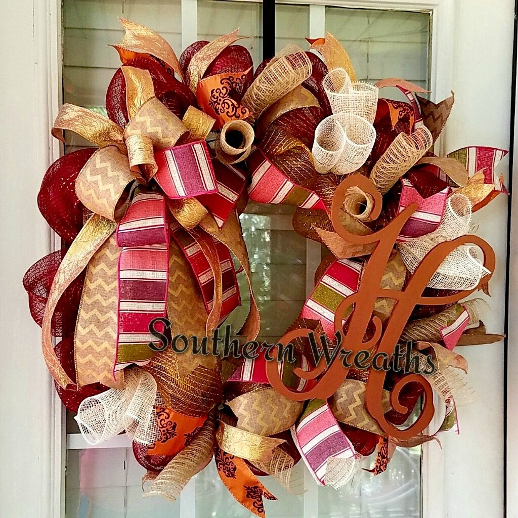 Monogram Fall Door Wreath Front Door Wreath Personalized
