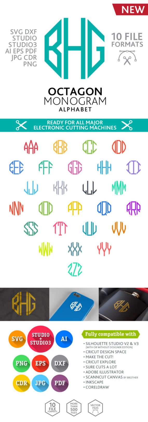 Octagon Monogram Machine Embroidery Font Alphabet | SEMA Data Co-op
