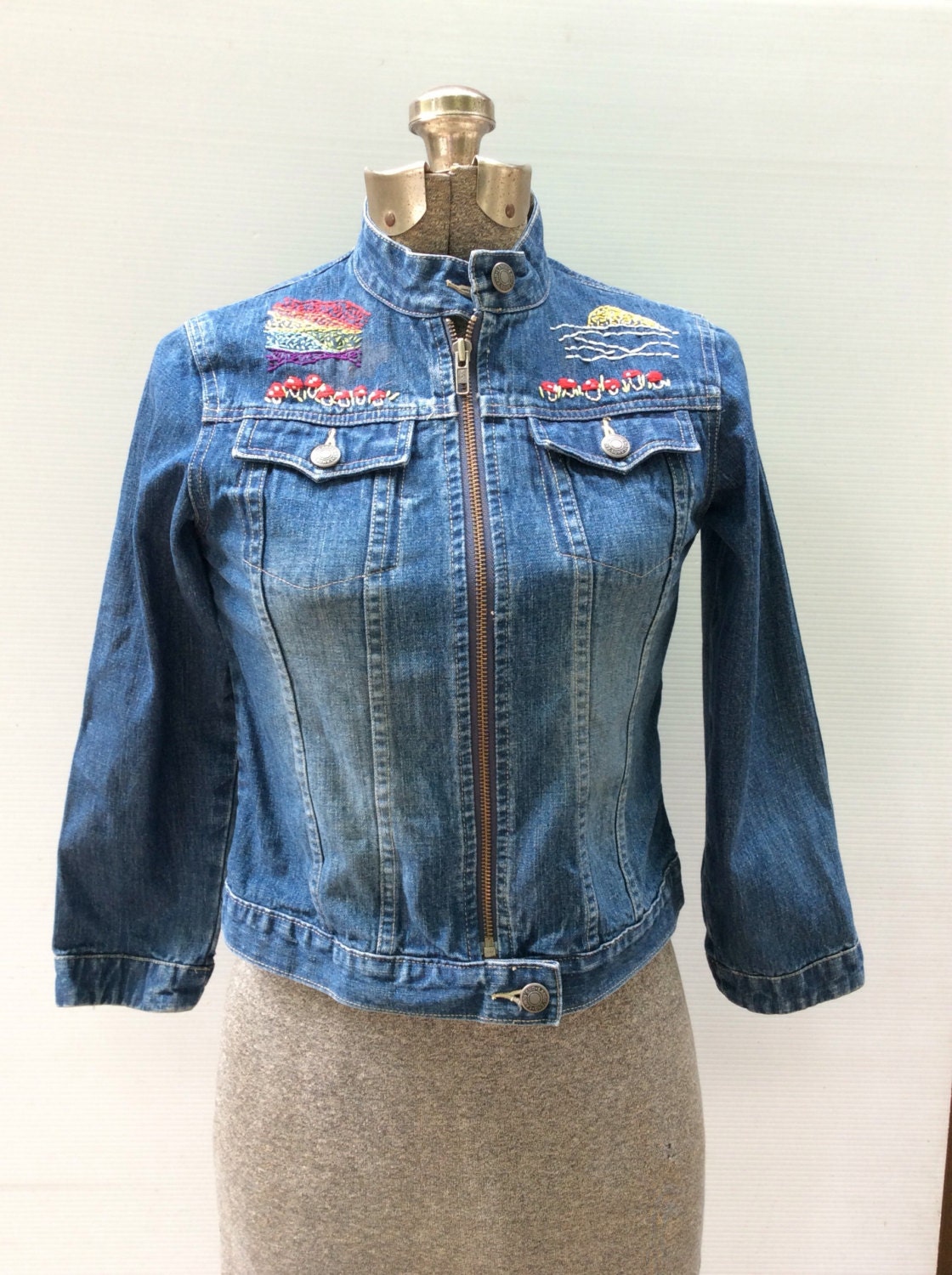girls patched denim jacket embroidered by savingmyvintageheart