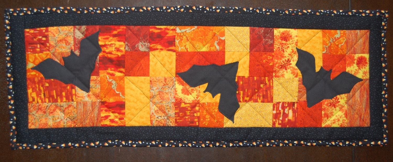 Orange and Black Bat Halloween Table Runner